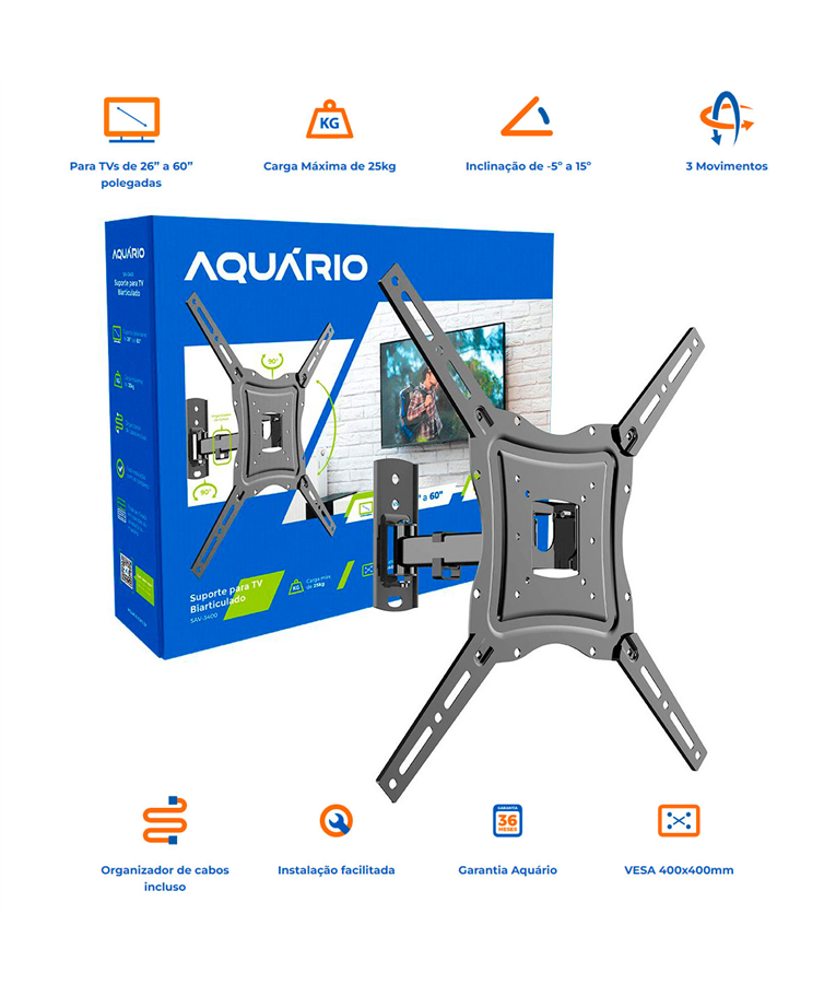Suporte Tv Lcd Led Bi Articulado 26 a 60 Polegadas Aquário SAV-3400 ...